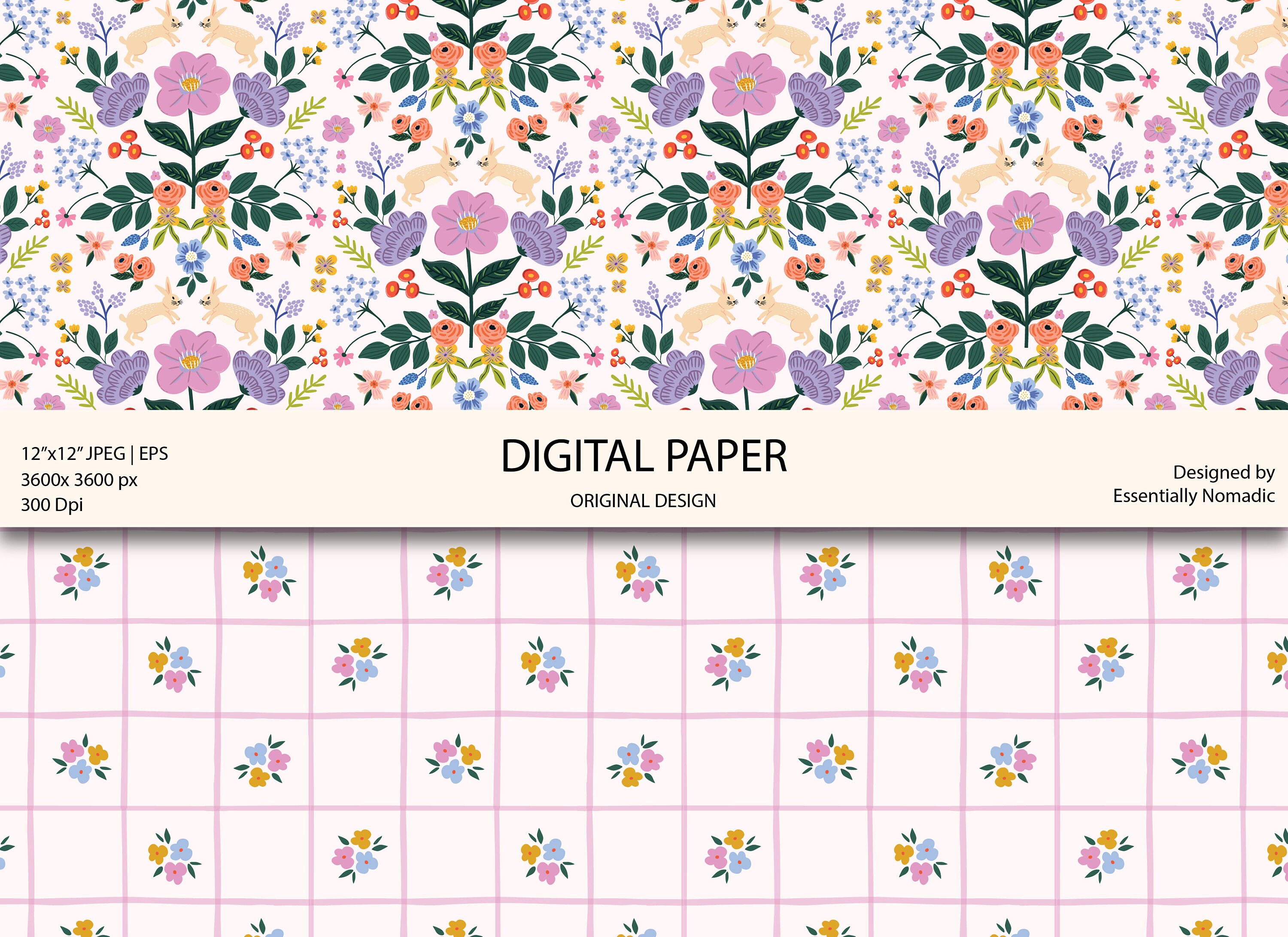 Cottagecore Pattern Spring Floral Digital Paper, Easter Eggs, Bunny ...