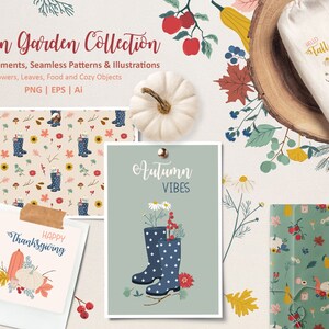 Autumn Clipart Set, Fall Digital Paper Seamless Pattern, Flowers Leaves ...