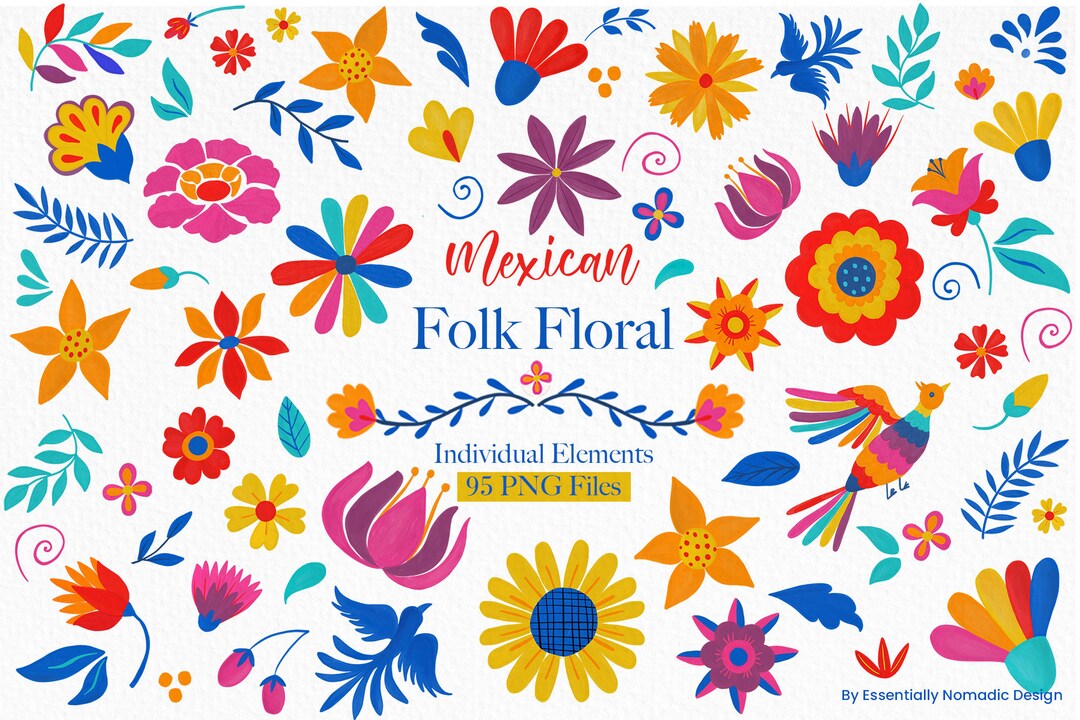 Mexican Folk Art Clipart – Otomi Flowers & Birds PNG (95 Files) - Etsy
