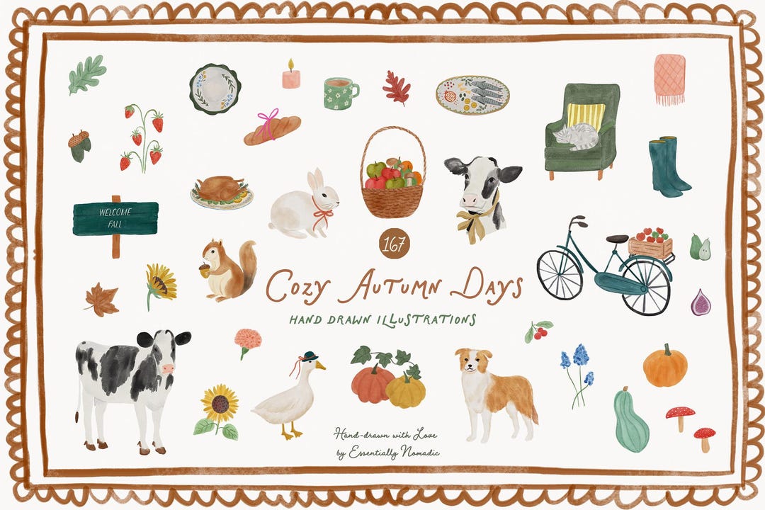 Whimsical Fall Watercolor Clipart Set: Autumn Harvest Illustrations ...