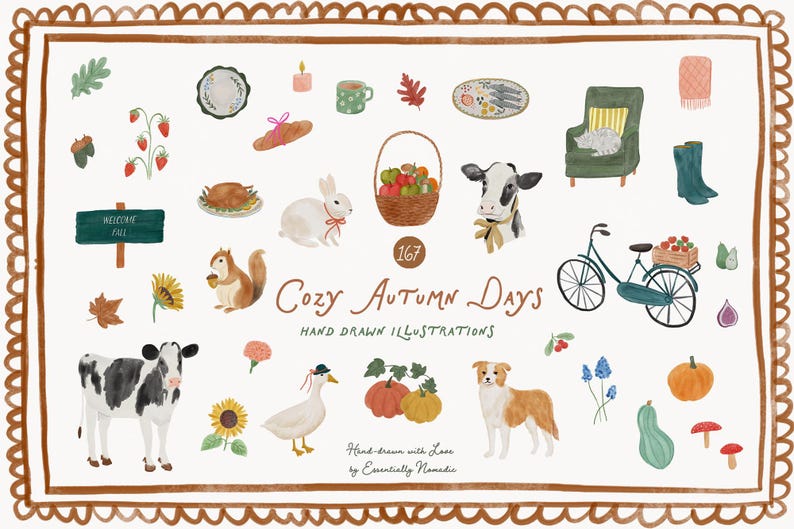 Whimsical Fall Watercolor Clipart Set: Autumn Harvest Illustrations ...