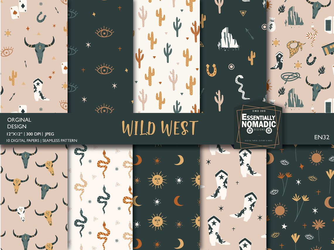 Wild West Digital Papersouthwestern Printboho Cactus Sun Eye - Etsy