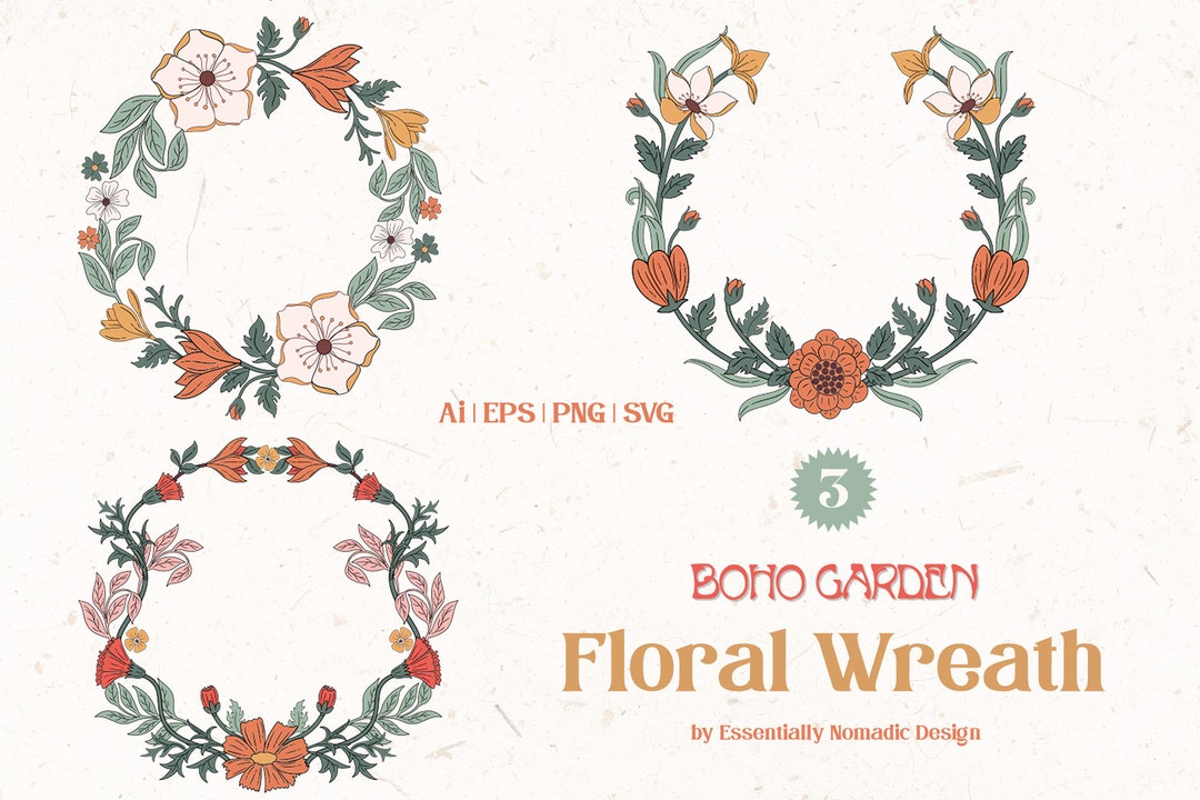 Boho Floral Wreath Clipart, Retro Wreath, Groovy Floral Frame PNG ...