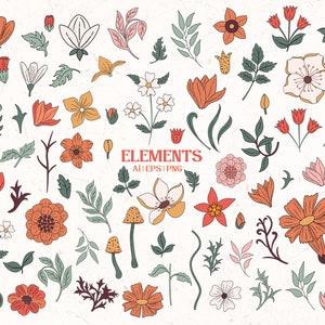 Boho Flowers Clipart, 70s Retro Botanical Flower Clip Art,vintage ...