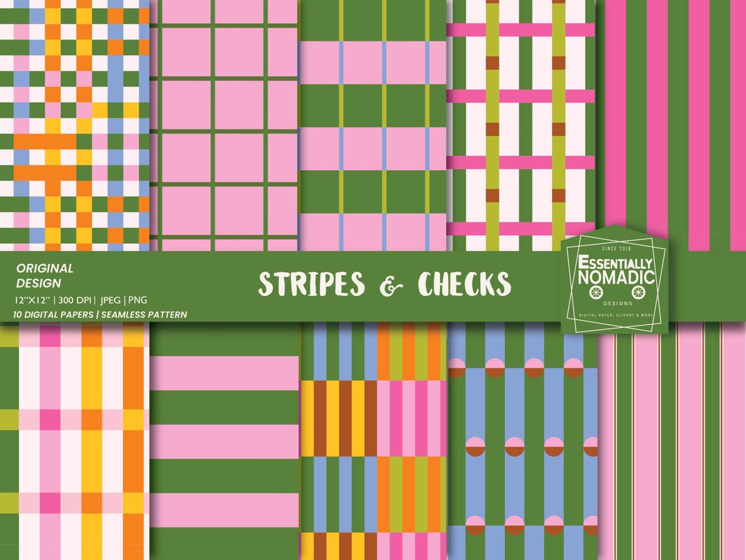 10 Colorful Stripes Digital Paper-fabric Print, Vibrant Checkered ...
