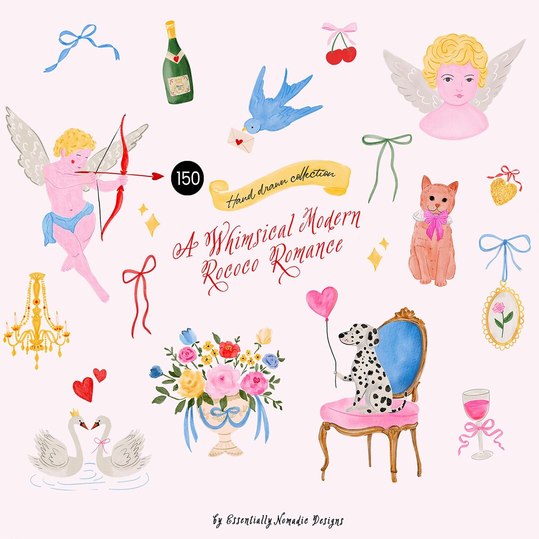 Whimsical Love Clipart for Valentine’s Day, Rococo Hand-drawn ...