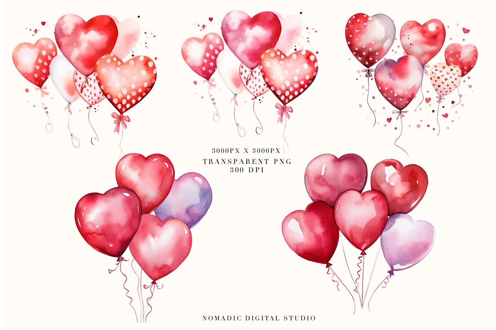 Watercolor Heart Balloon Clipart Set, Valentines Day (digital Download ...