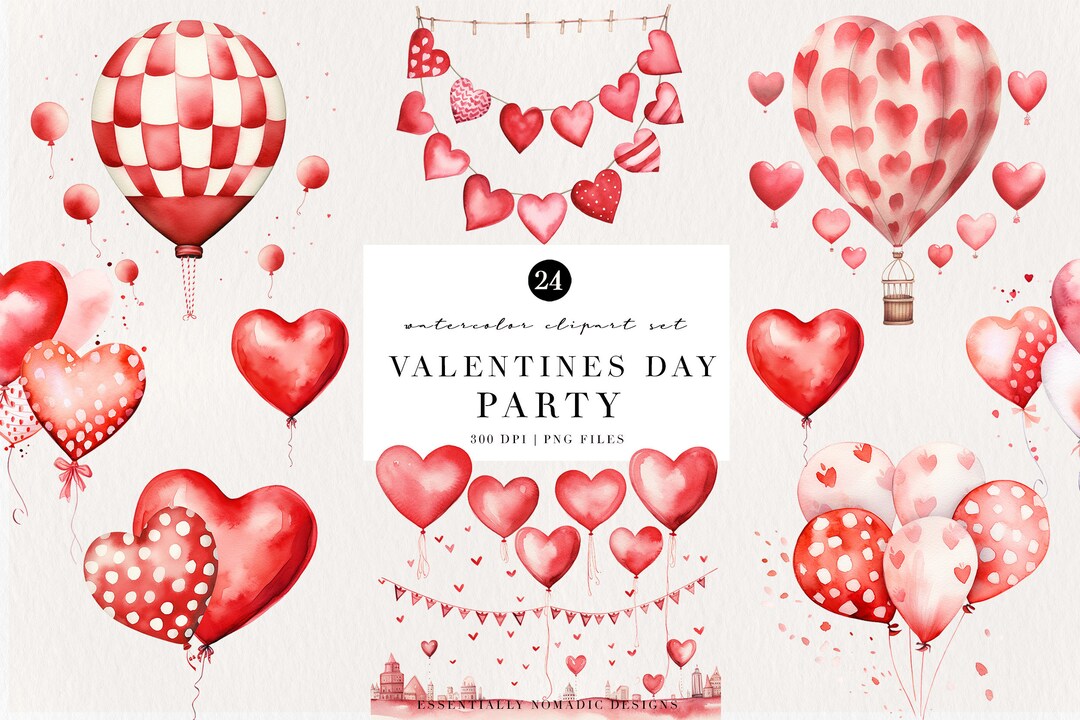 Valentine Watercolor Clipart Set, Red Heart Balloons, Love Decorations ...
