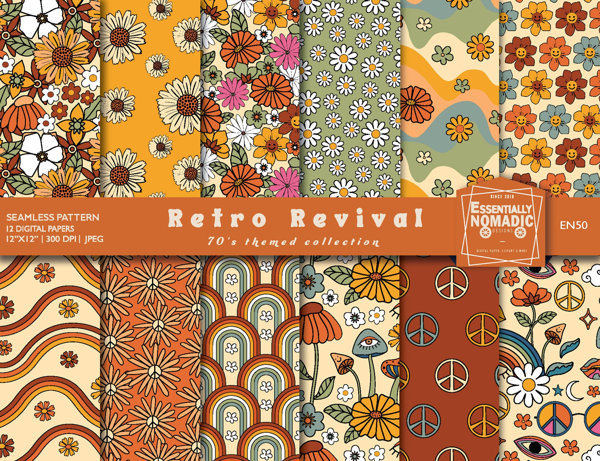 70s Retro Floral Digital Paper Seamless Patternretro - Etsy