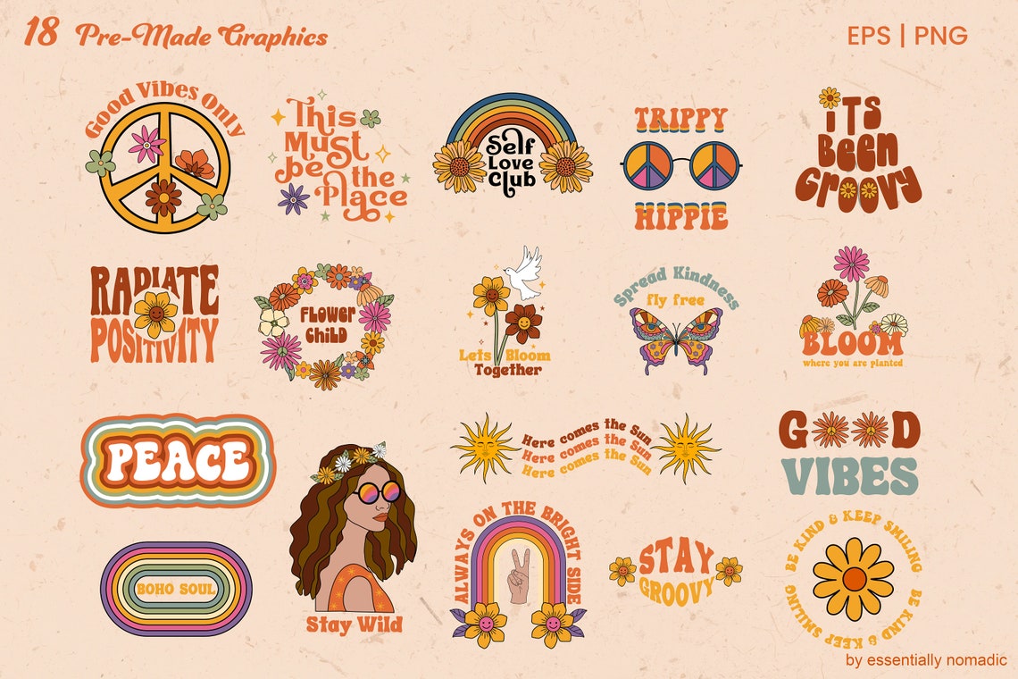 Retro Graphic Clipart Set 70s Groovy Retro Flowers Quotes PNG - Etsy