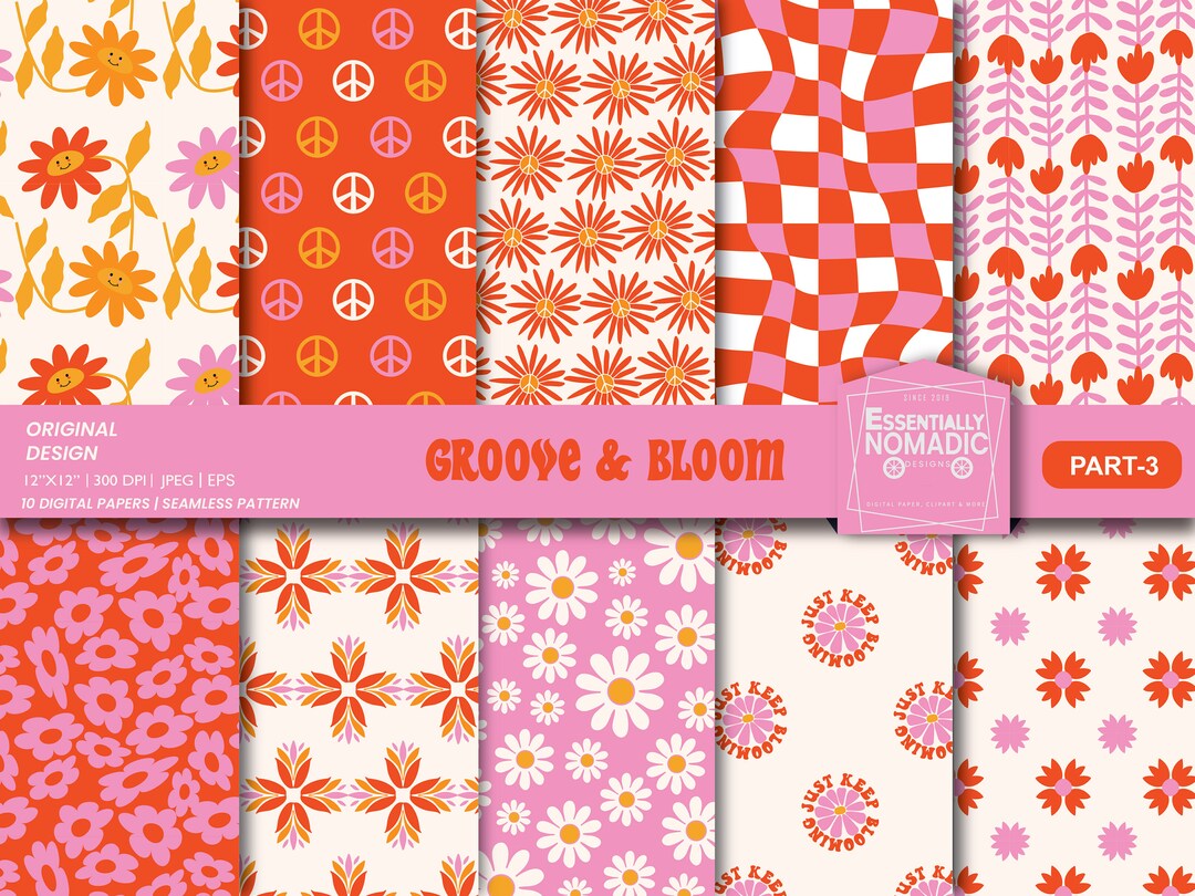 Retro Digital Paper Set, 70s Seamless Patterns, Red Pink Floral Digital ...