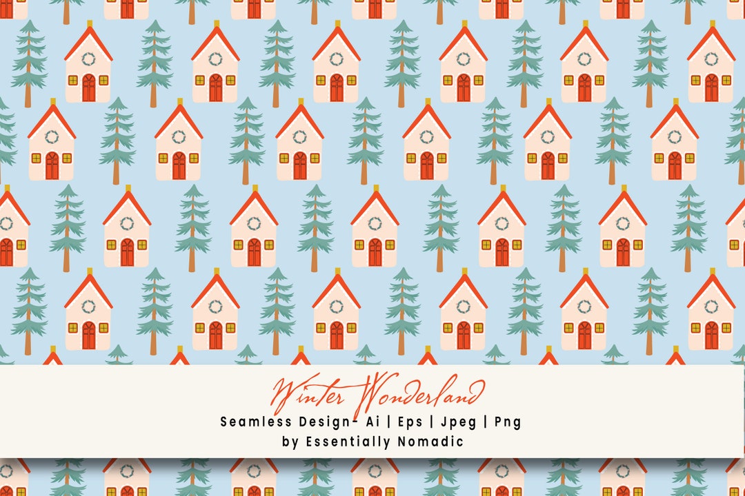 Cozy Winter Cottage Seamless Pattern – Christmas House & Pine Tree ...