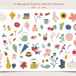 Autumn Clipart Set, Fall Digital Paper Seamless Pattern, Flowers Leaves ...