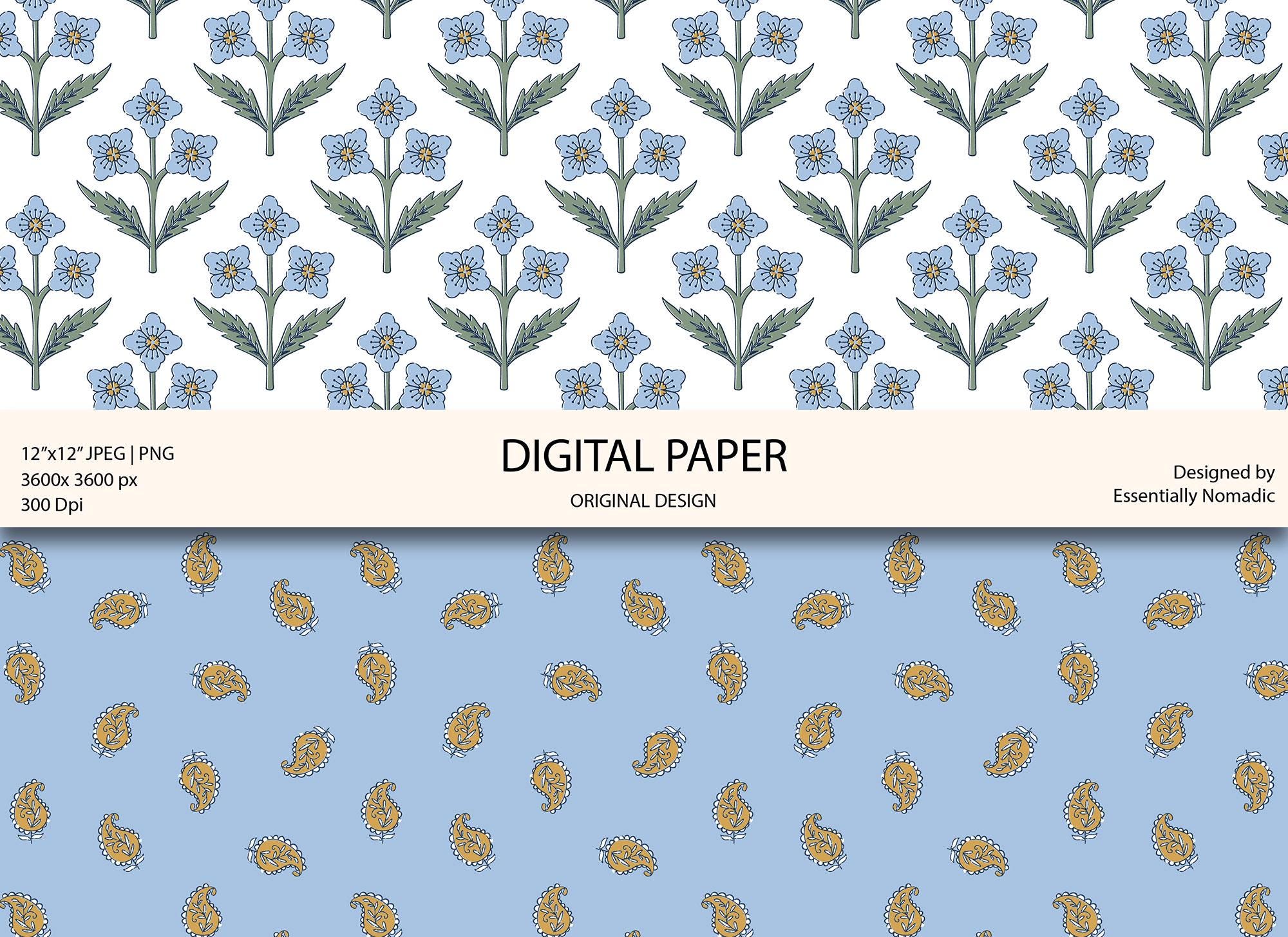 Indian Block Print Digital Paper: Flower Jaipur Motifs, Damask Floral ...
