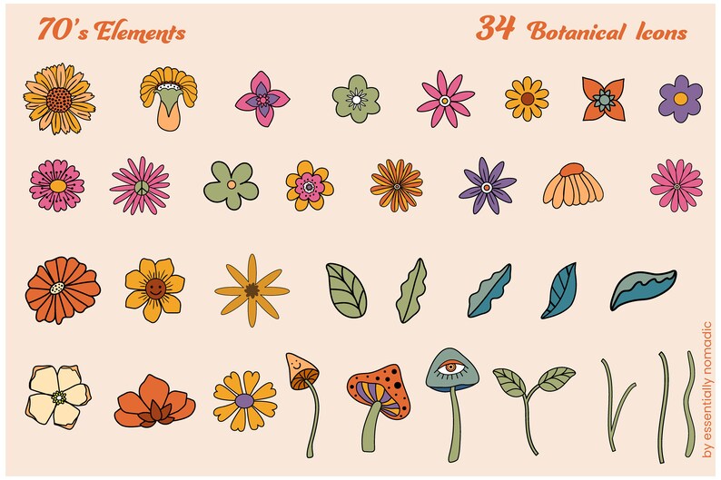 70s Retro Clipart Set Boho Clipart Groovy Retro Flowers - Etsy