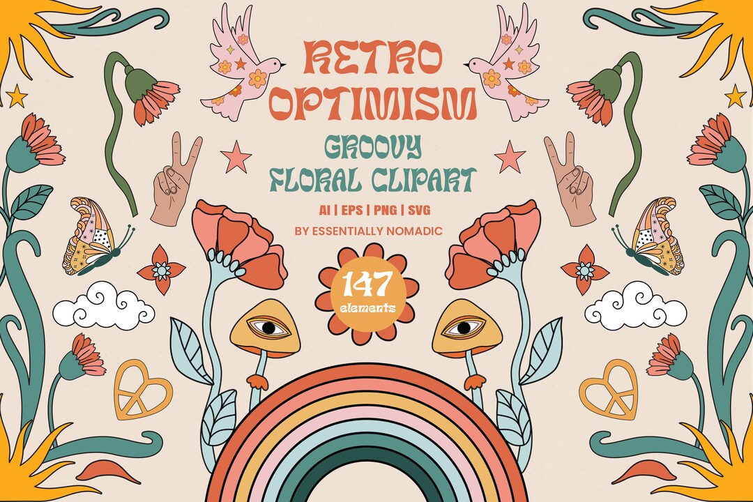 Boho Flowers Clipart Svg Png, 70s Retro Botanical Flower Clip Art ...