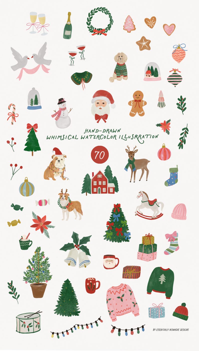Watercolor Whimsical Christmas Clipart Set, Hand-drawn Holiday ...
