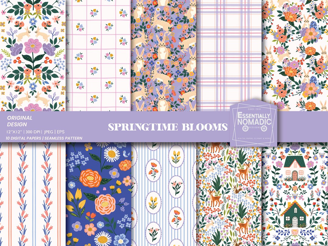 Cottagecore Pattern Spring Floral Digital Paper, Easter Eggs, Bunny ...