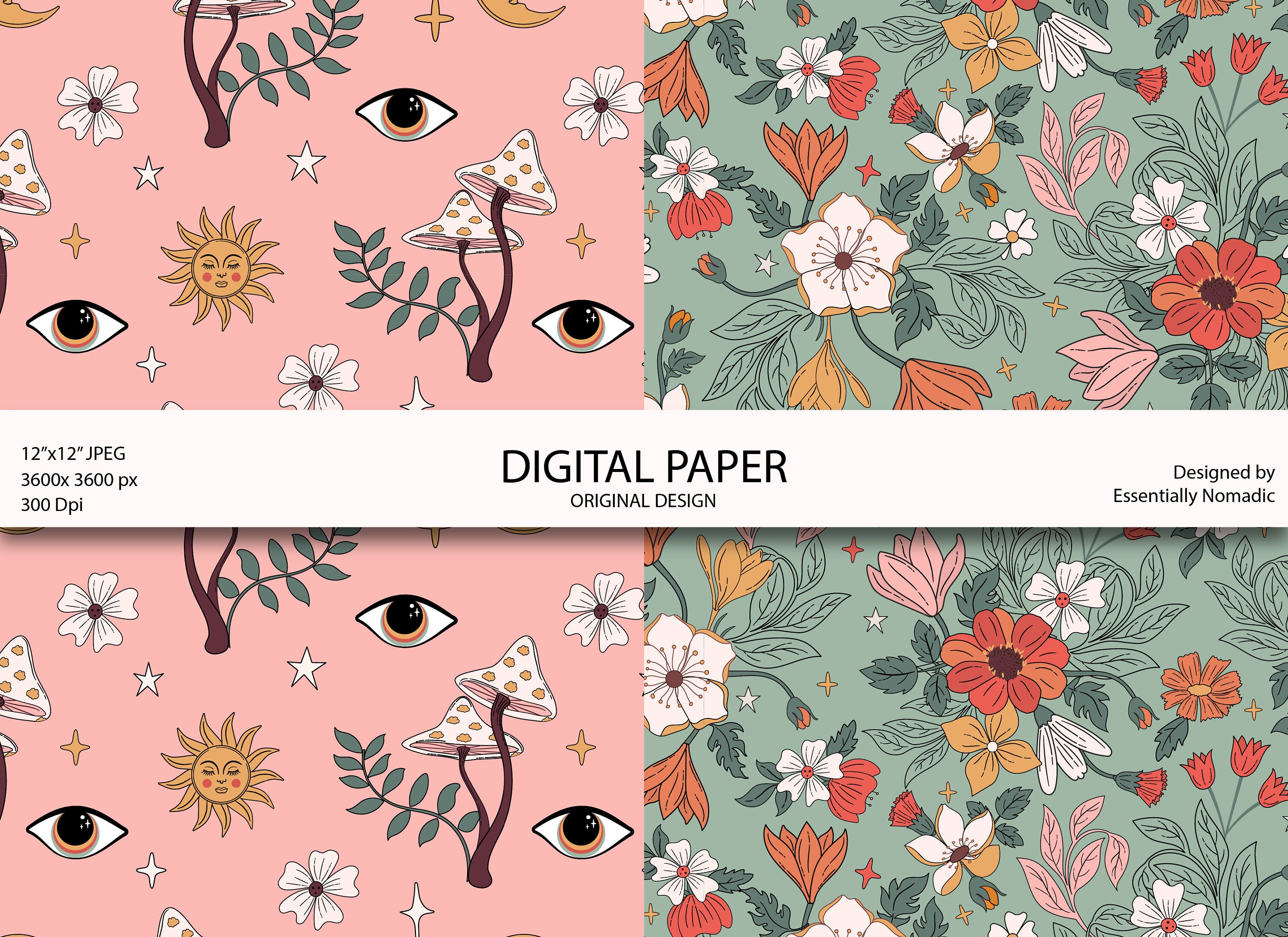 Boho Floral Digital Paper Art Nouveau Seamless Pattern 70s - Etsy