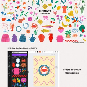 50 Joyful Wall Art, Food Floral Poster, Risograph Effect Printable Art ...