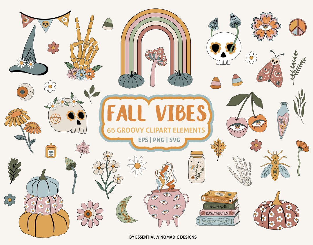 Boho Halloween Clipart Bundle, 65 Hand-drawn Fall Elements, Witchy ...