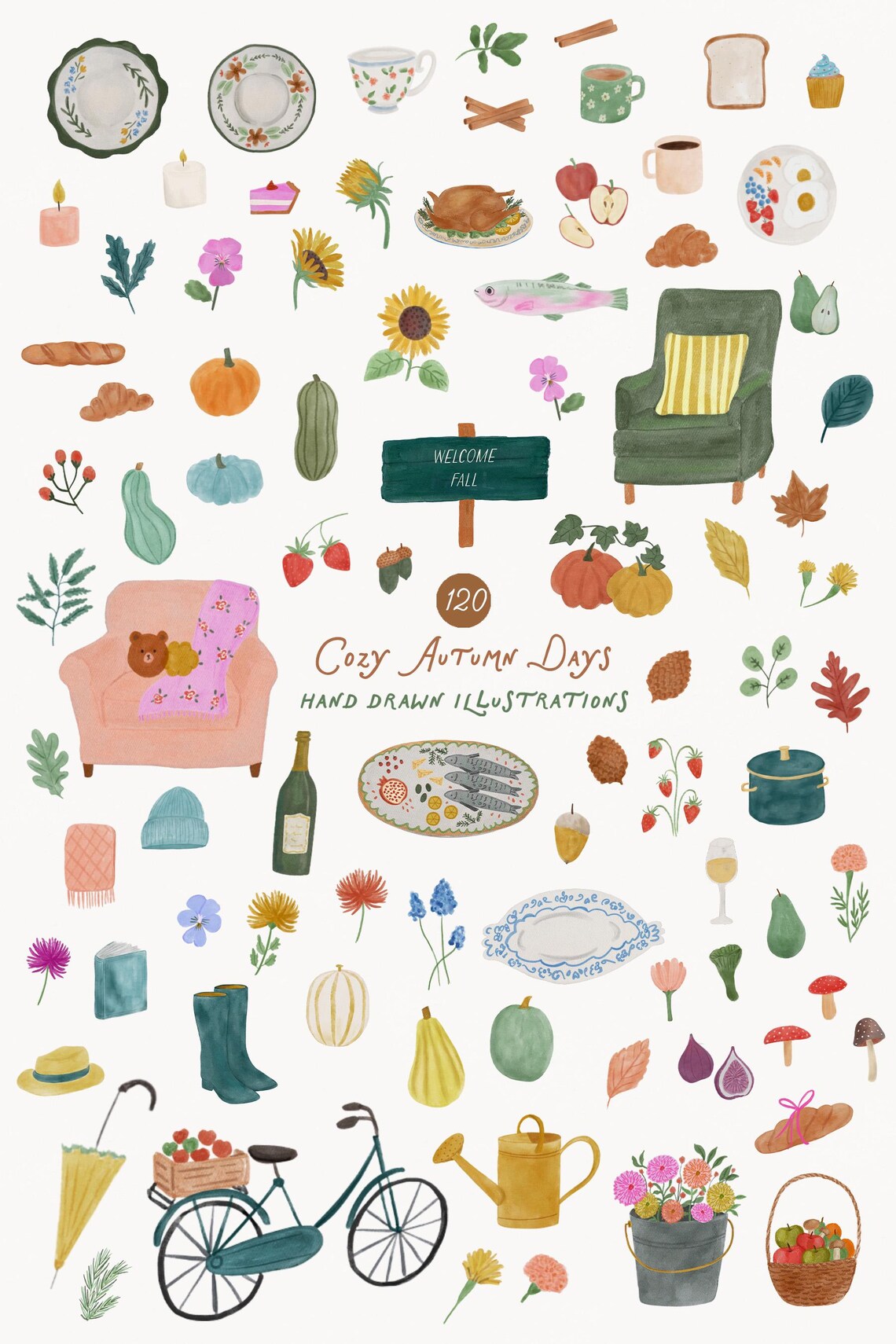 Whimsical Fall Watercolor Clipart Set: Autumn Harvest Illustrations ...