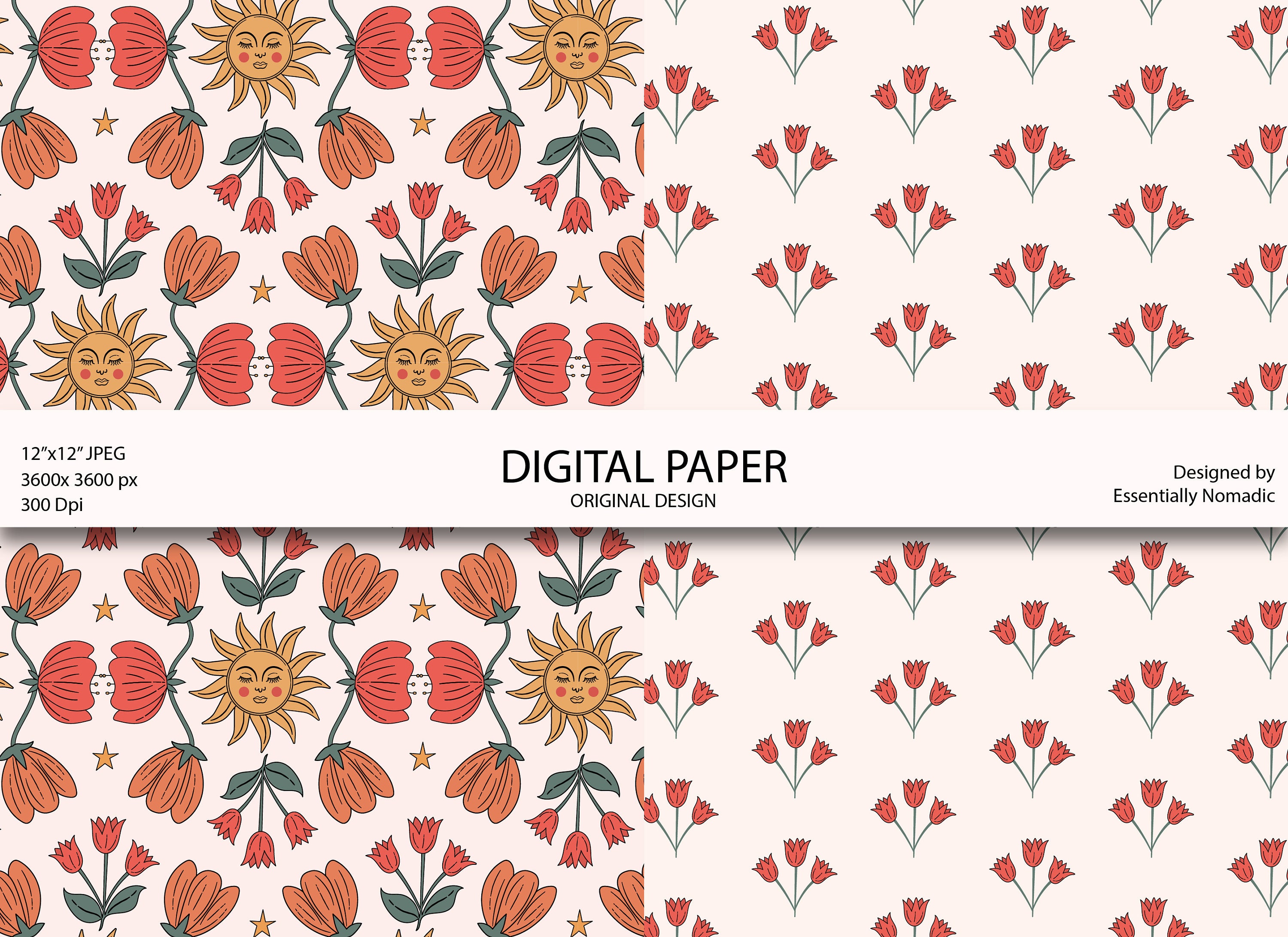Boho Floral Digital Paper70s Flower Seamless Pattern Retro - Etsy