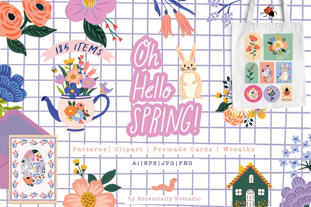 Cottagecore Spring Clipart Set, Floral Seamless Pattern (digital ...