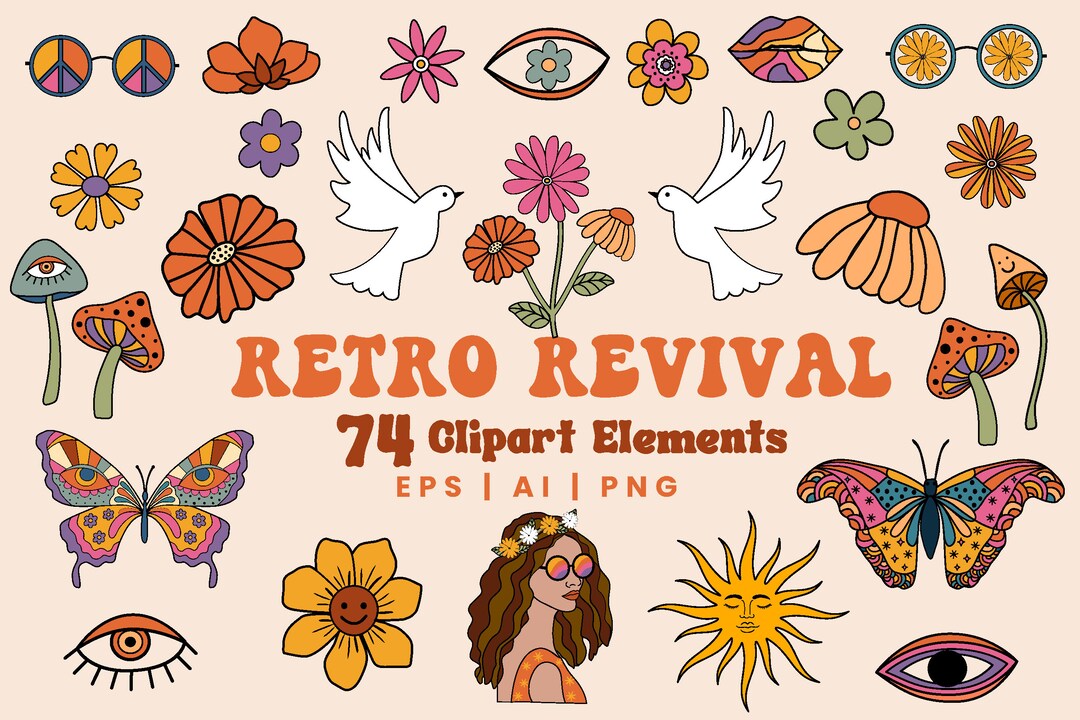 70s Retro Clipart Set, Boho Clipart, Groovy Retro Flower, Colorful ...