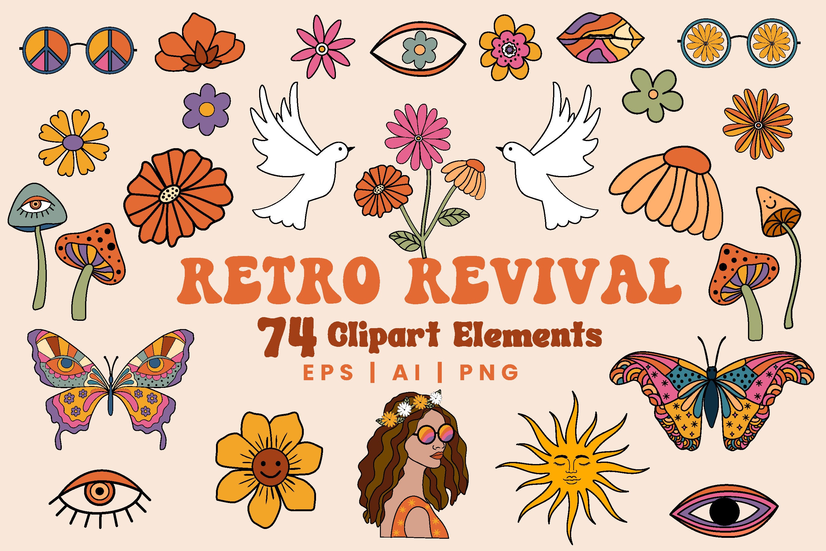 70s Retro Clipart Set Boho Clipart Groovy Retro Flowers - Etsy