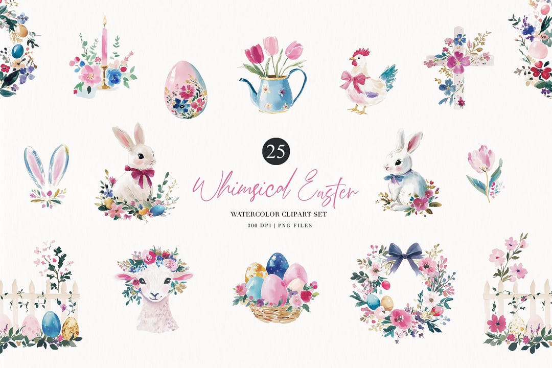 Easter Watercolor Clipart Set - Whimsical Spring Elements - Floral ...