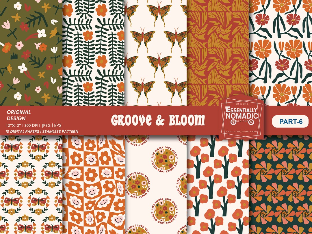 Groovy Digital Paper Set, 60s 70s Seamless Patterns, Vintage Floral Digital Paper, Retro ...