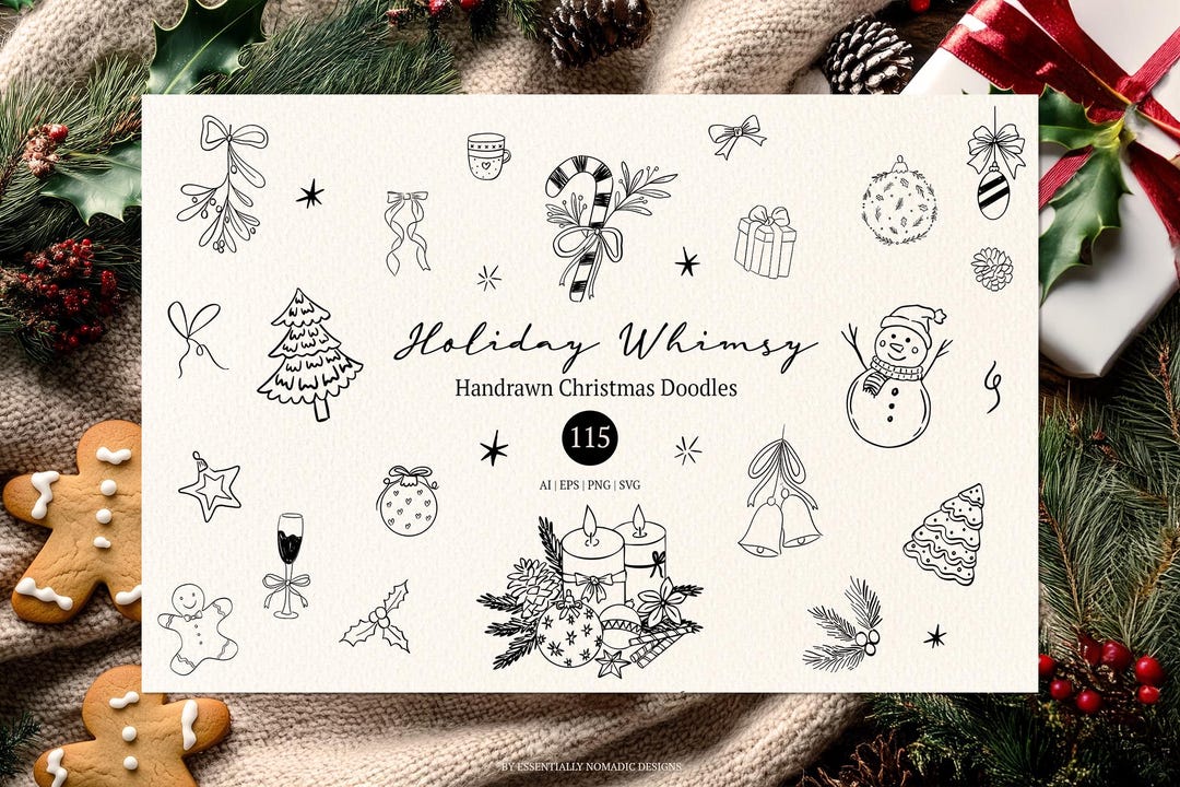 115 Whimsical Christmas Doodle Icons, Line Art Illustrations & Scribble ...