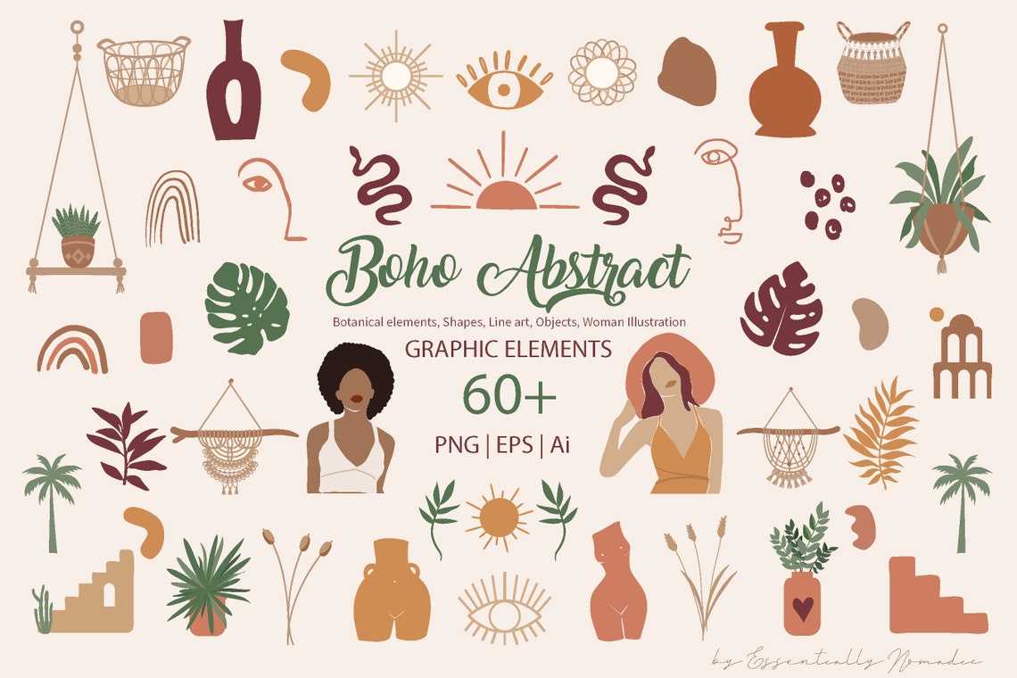 Boho Clipart Set Woman Illustration Abstract Shapes Modern - Etsy