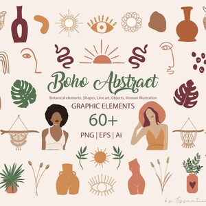 Boho Clipart Set, Woman Illustration, Abstract Shapes, Modern Elements ...