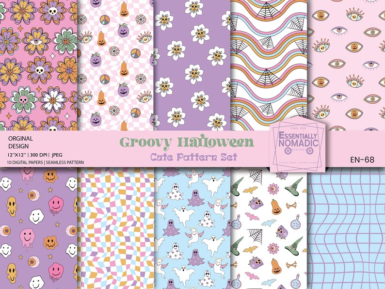 Pastel Halloween Digital Paper, Pink Purple Retro Halloween Seamless ...