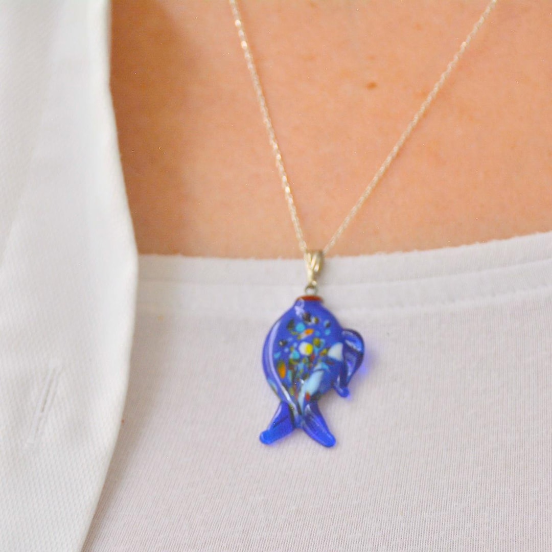 Blue Murano Glass Fish Silver Necklace, Swimmer Navy Bass Sea Glassfish ...