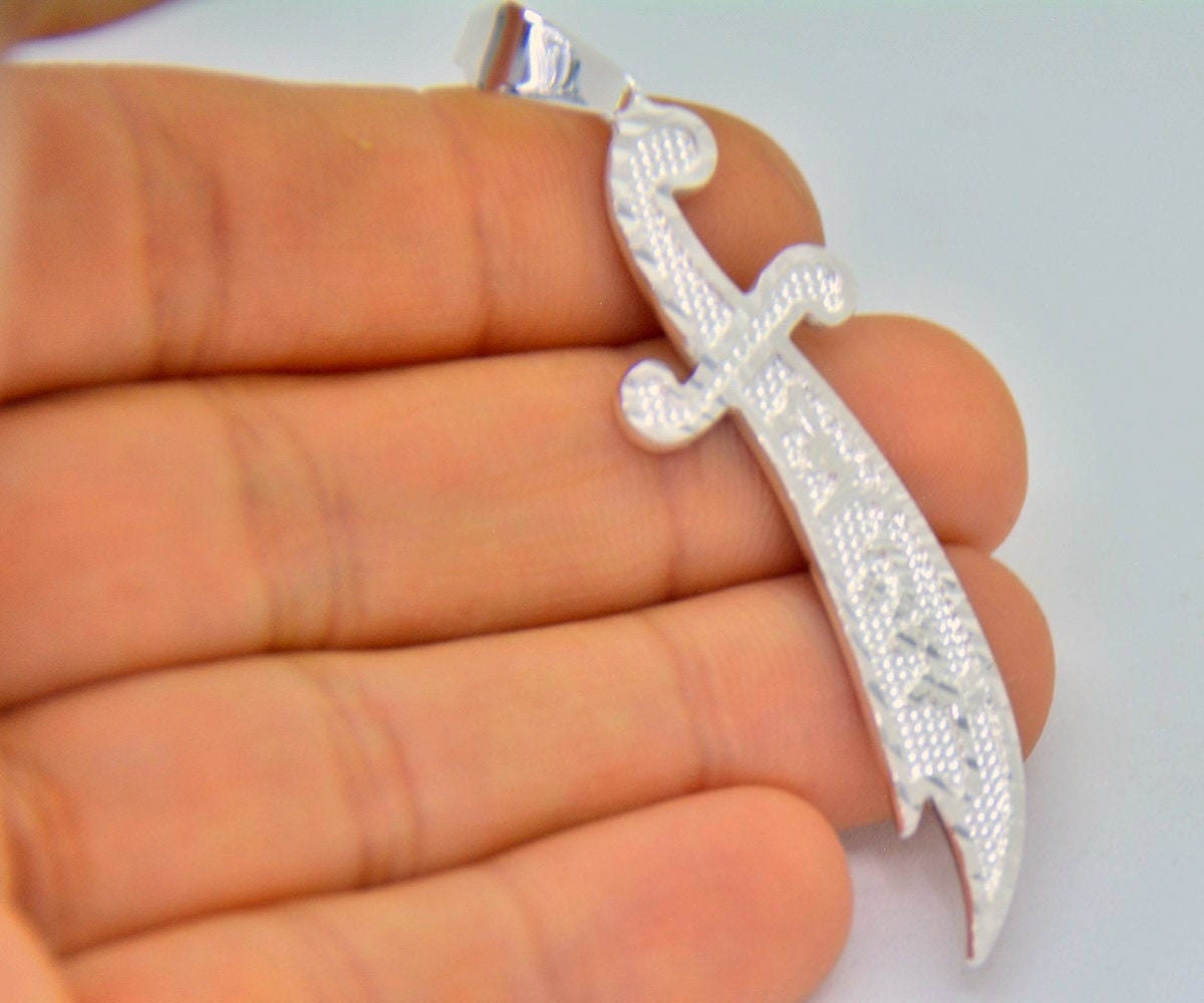 925 Solid Silver Double Edge Sword Necklace, Arabic Engraved Knife ...