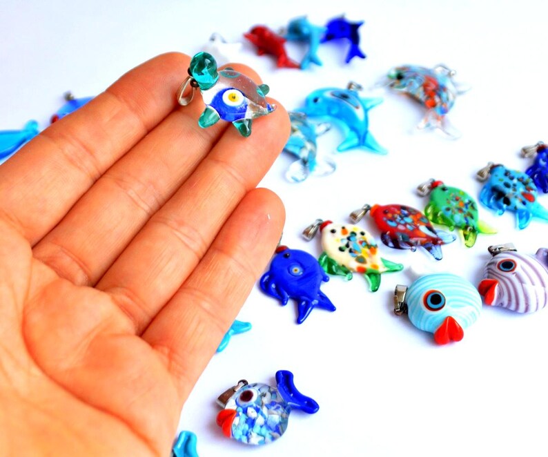 Baby Blue Glass hand crafted murano Fish Lucky Sea Silver Necklace ...