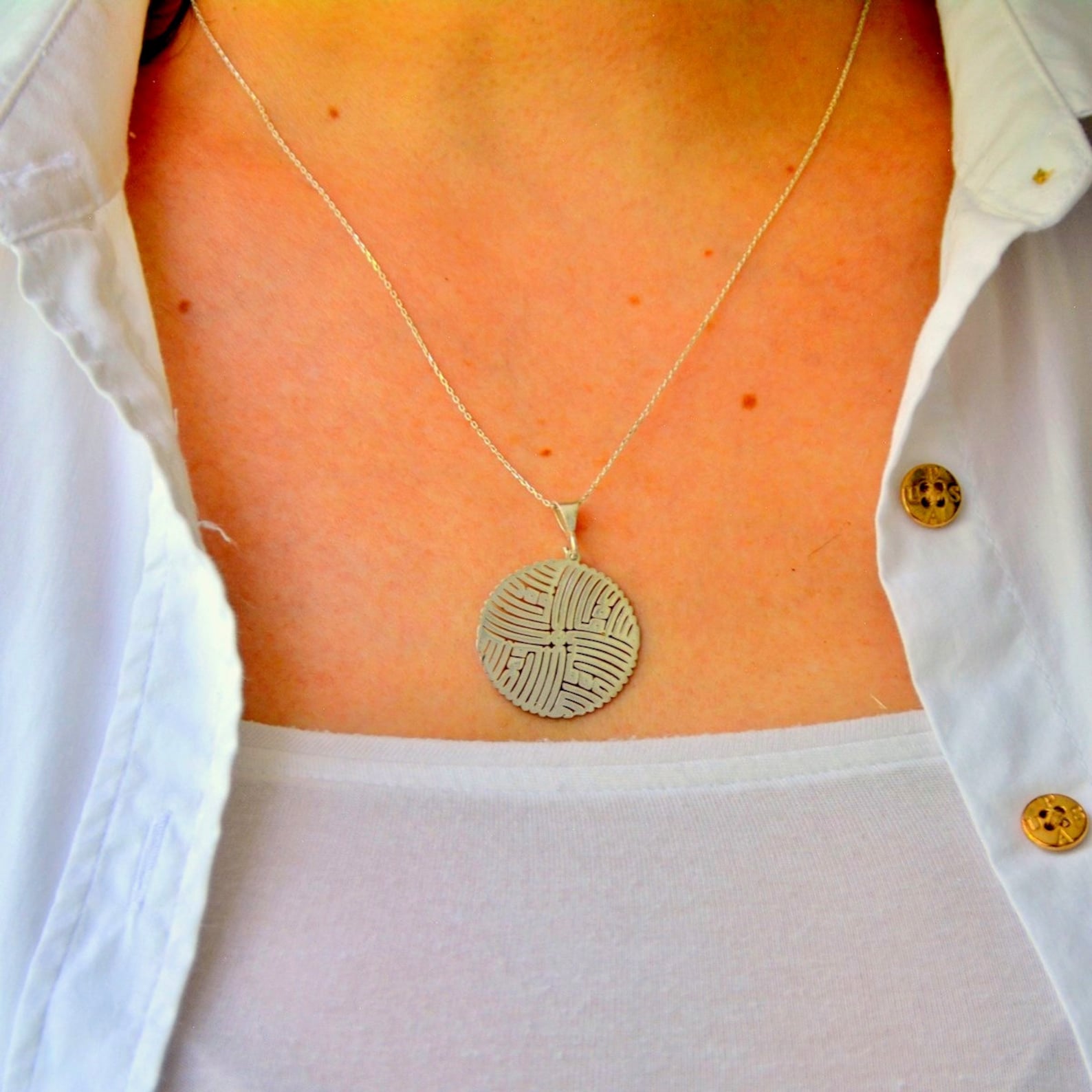 Allah Name Islamic Calligraphy Disc Necklace, Gold Plated Sterling ...
