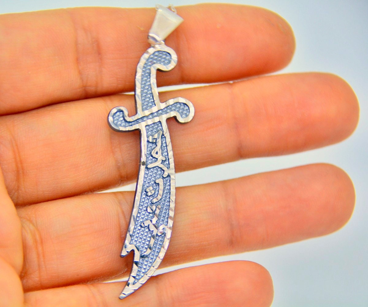 925 Solid Silver Double Edge Sword Necklace, Arabic Engraved Knife ...