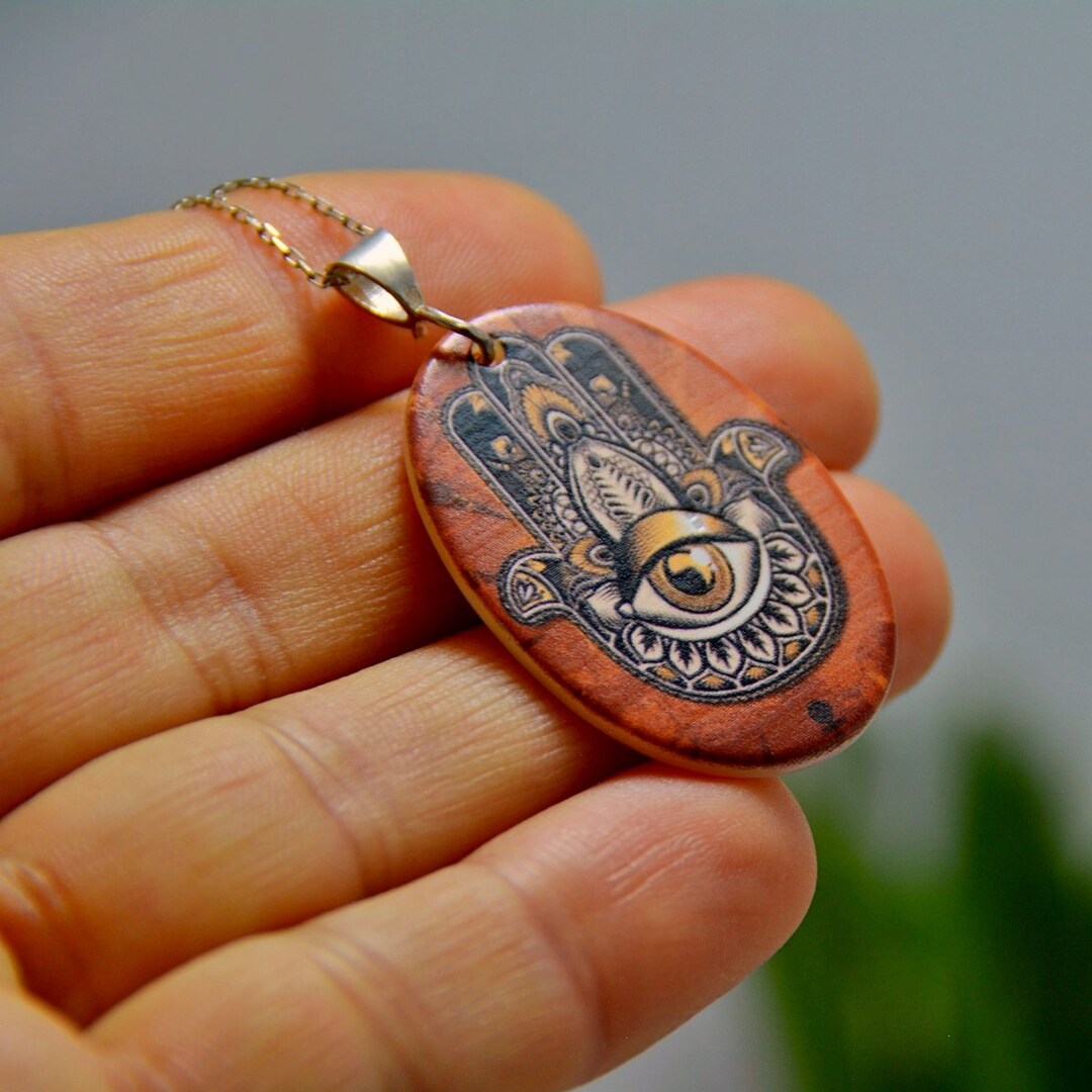 Brown One Eye Hamsa Hand of Miriam Good Luck talisman Silver Necklace ...