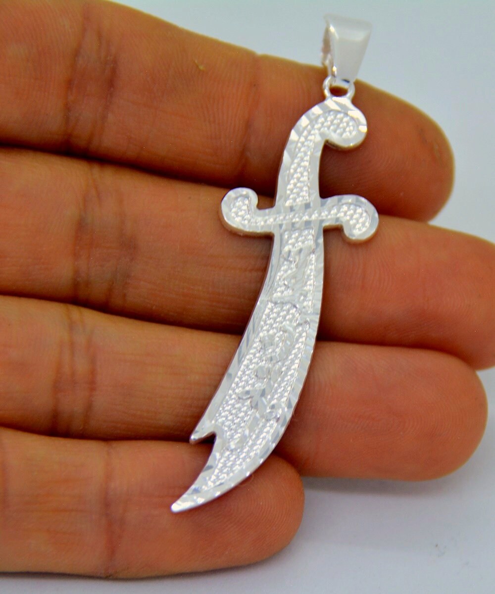925 Solid Silver Double Edge Sword Necklace, Arabic Engraved Knife ...