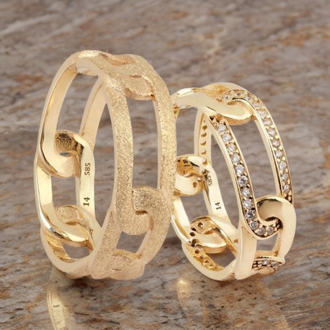 14 K SOLID GOLD Chain Wedding RING Set, Double Color Chain Special ...