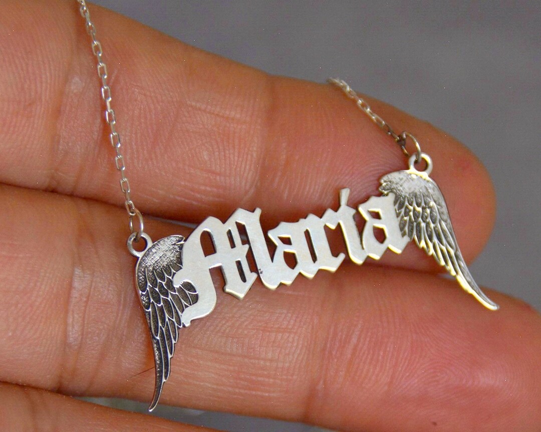 Angel Wings Name Plate Custom Name Silver Necklace, Birthday Gift to ...