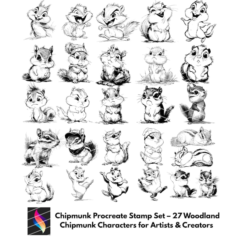 Chipmunk Procreate Stamp Set – 27 Hand-drawn Woodland Chipmunk ...