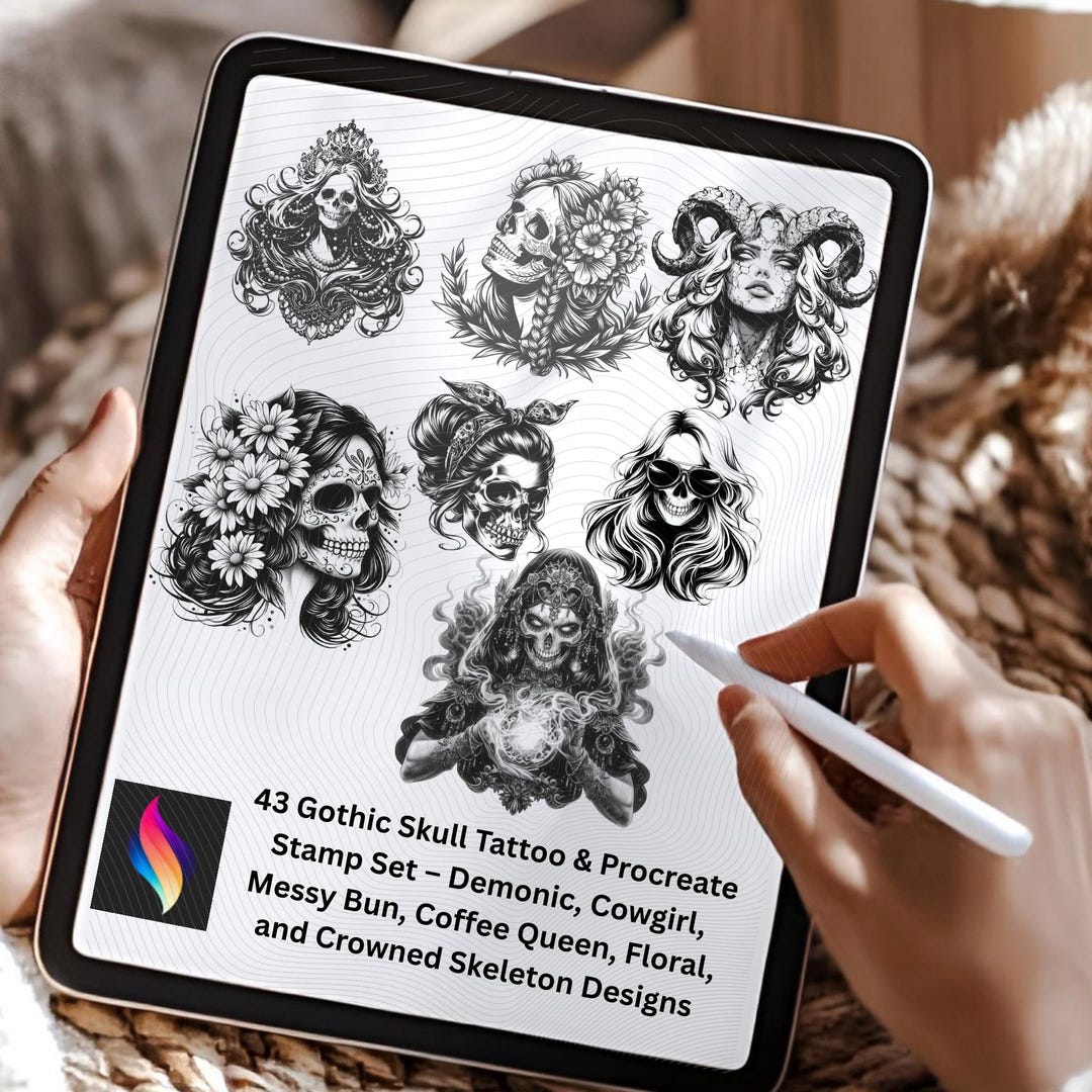 43 Gothic Skull Tattoo & Procreate Stamp Set – Demonic, Cowgirl, Messy ...