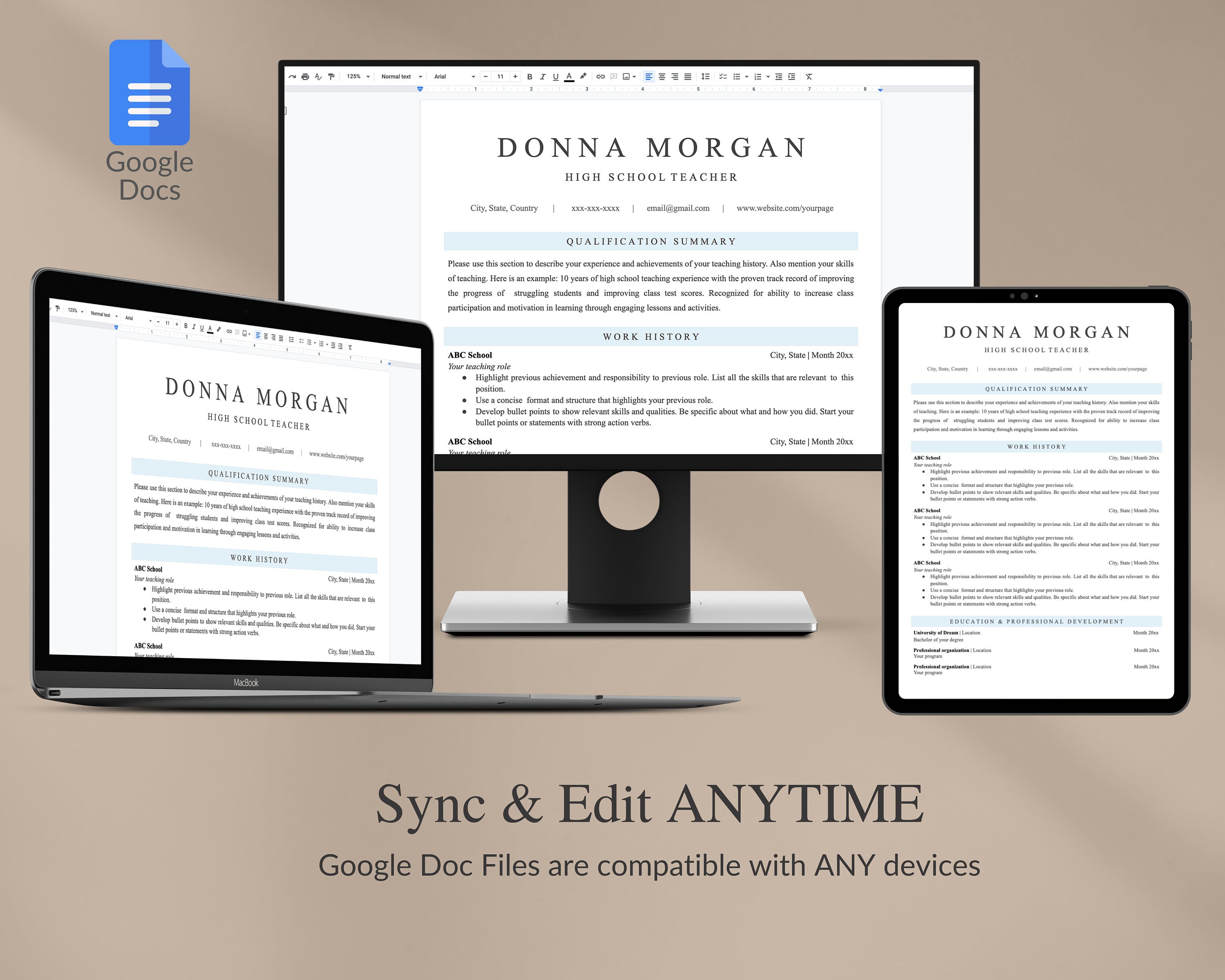 Teacher Resume Template for Google Docs, Teacher Cover Letter ...