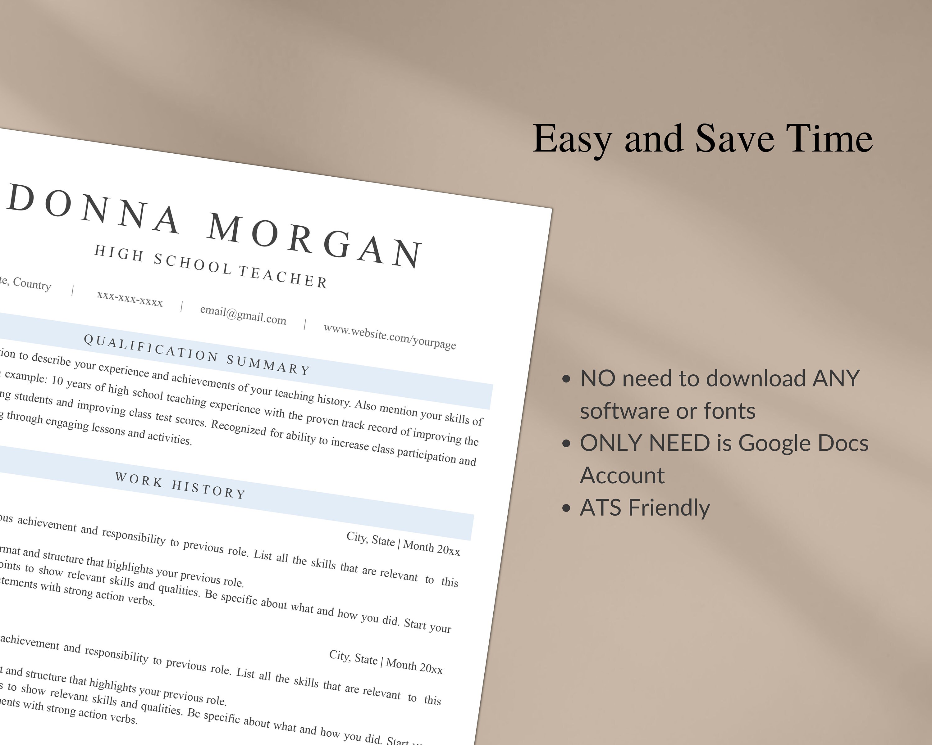 Teacher Resume Template for Google Docs, Teacher Cover Letter ...