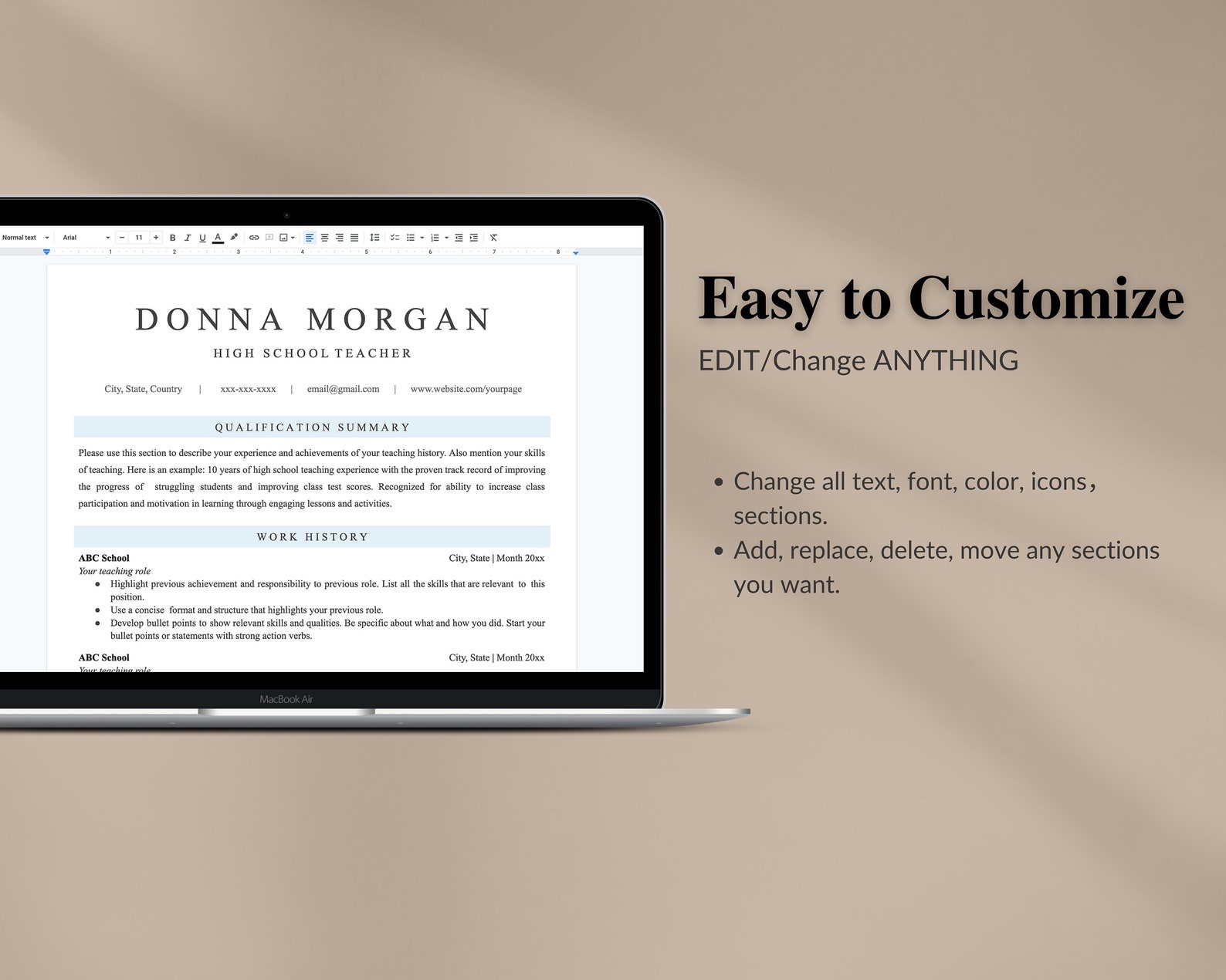 Teacher Resume Template for Google Docs, Teacher Cover Letter ...